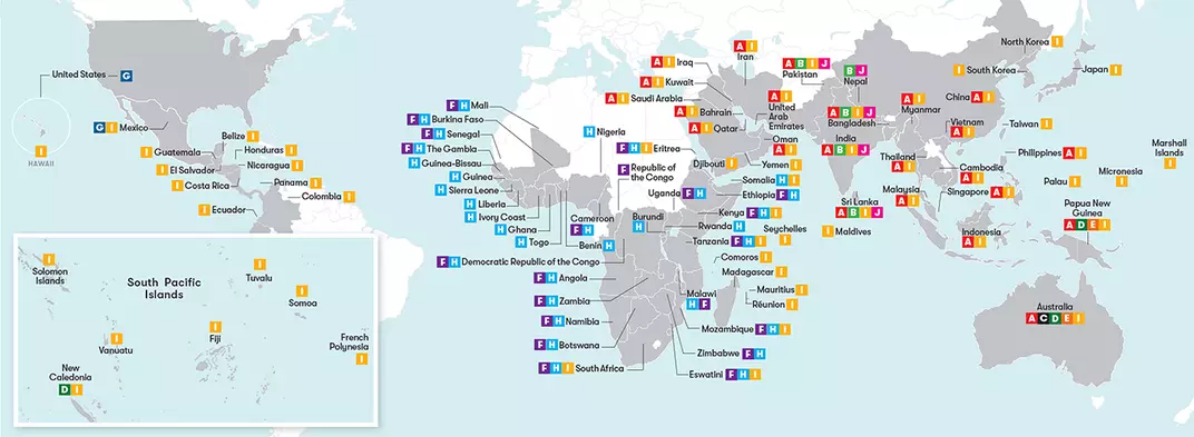 mapa del món que mostra la ubicació de les serps