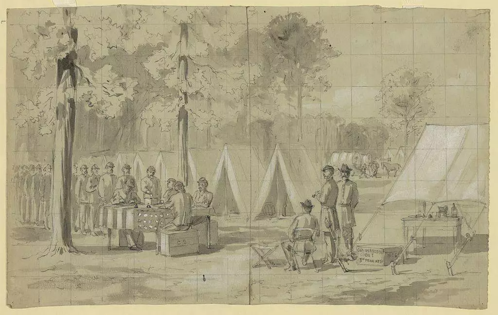 Ilustrasi askar mengundi pada tahun 1864