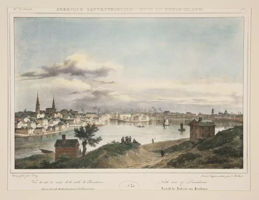 1828 m. litografija, kurioje pavaizduotas vaizdas į pietus nuo Smith’s Hill, kai kurie pastatai palei šiaurinį Cove krantą yra žemės viduryje