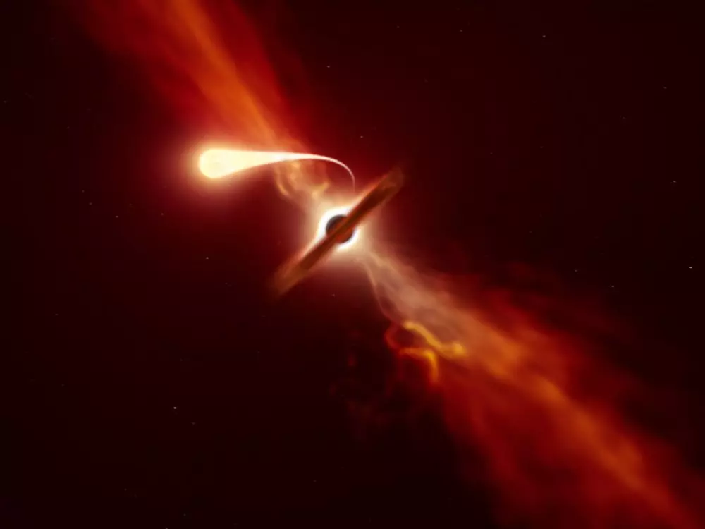 Ilustrácia ukazuje čiernu dieru s prúdmi červeného materiálu vystreľujúcich z dvoch strán