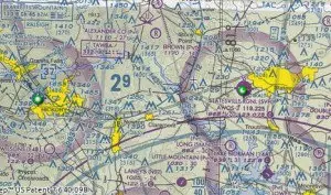 Пресечен графикон VFR што го прикажува аеродромот во Стејтсвил (аеродромот Barrett's Mountain сега очигледно е приватно поле наречено Аеродром Мала планина)