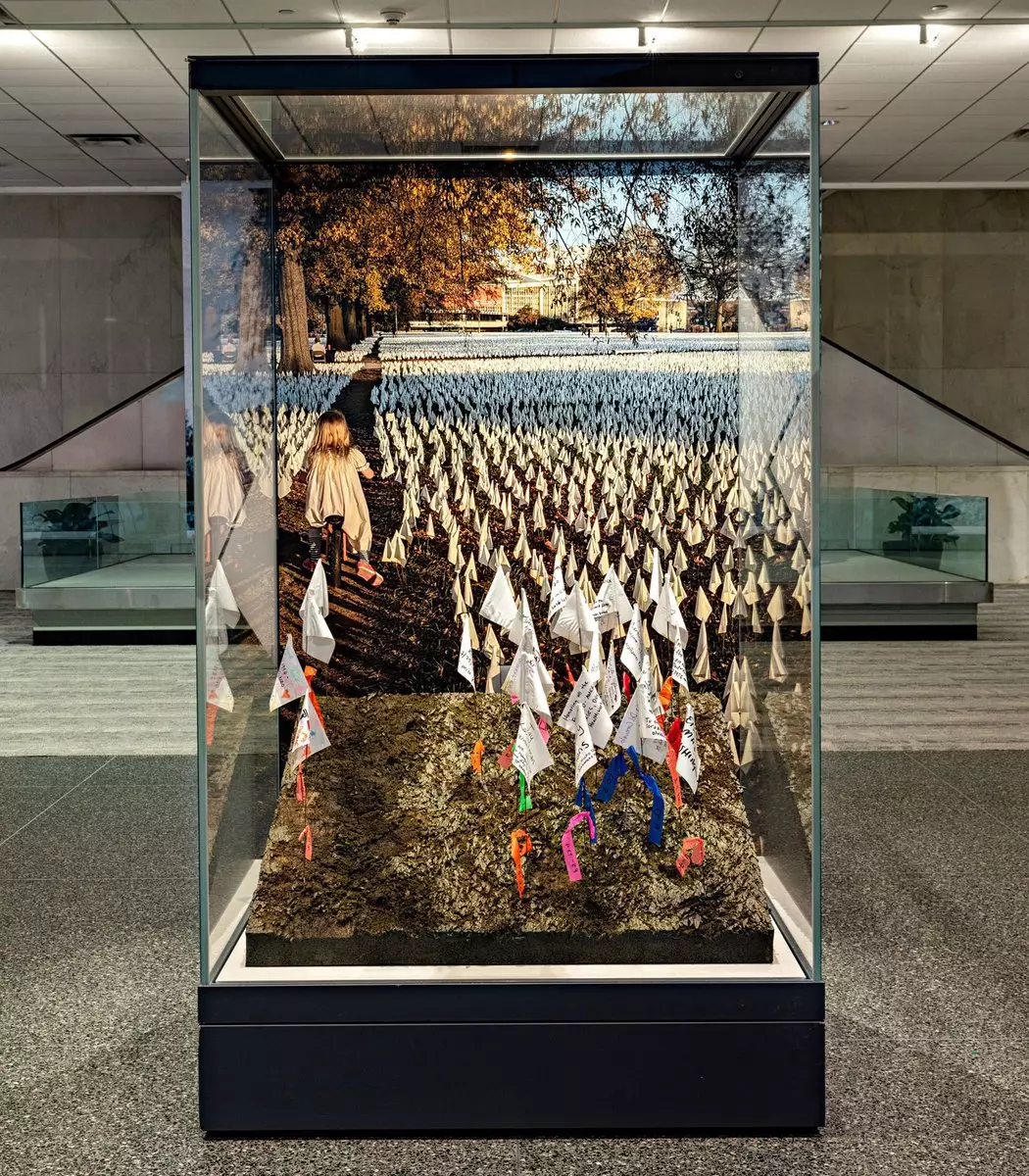 immagine di una mostra museale con bandiere bianche in una scatola di vetro