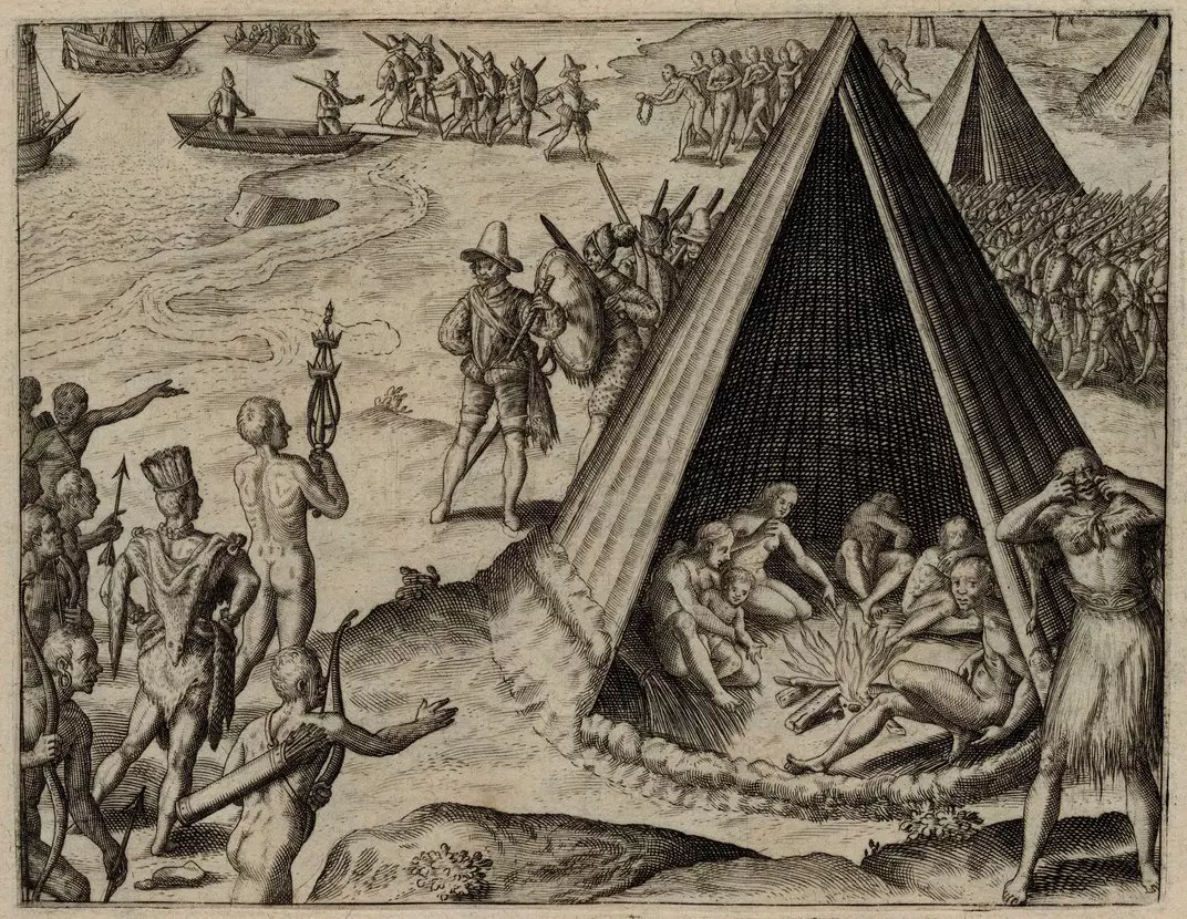 Ilustracja przedstawiająca przybycie Sir Francisa Drake'a do Kalifornii