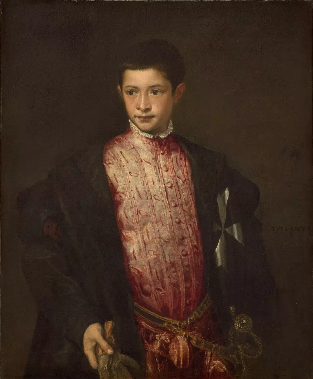 一个穿着精致长袍，站在深棕色背景前的小男孩的肖像