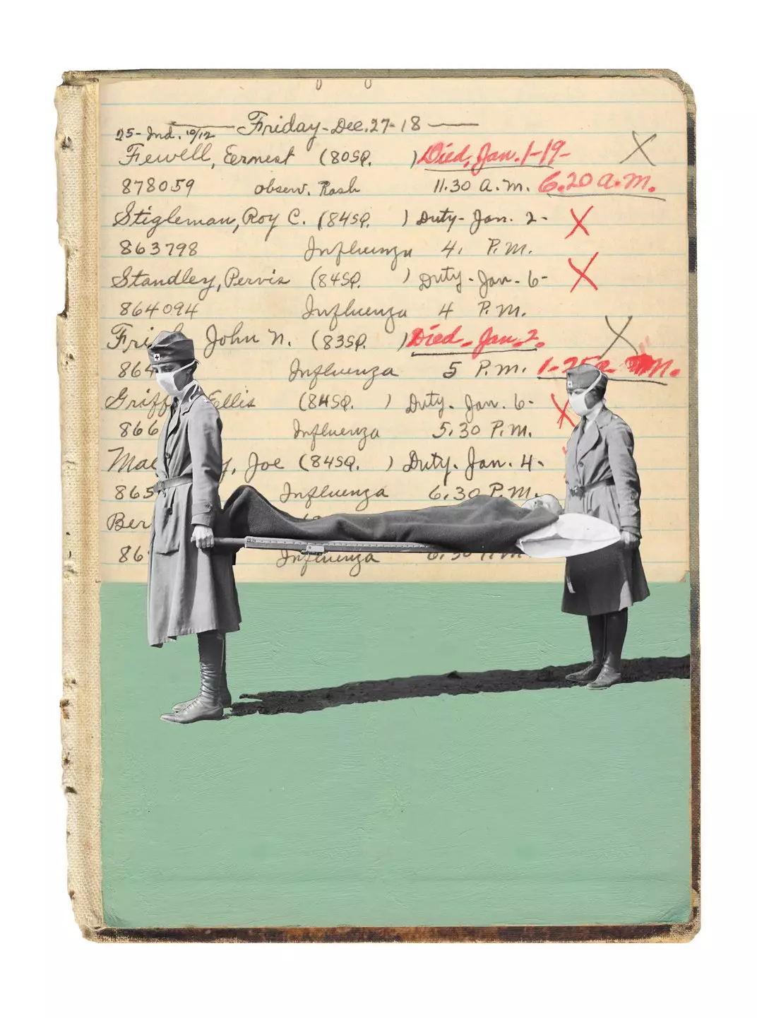 Para pekerja Palang Merah membawa tandu pada tahun 1918; nama mengisi buku besar rumah sakit Angkatan Darat.