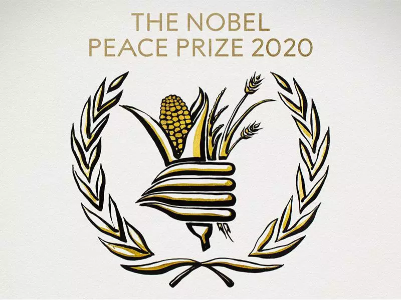 Mustvalge illustratsioon toidukogumisest – mais, nisu, ümbritsetud loorberitega – tekstiga THE NOBEL PEACE PRIZE 2020, kuldsete aktsentidega
