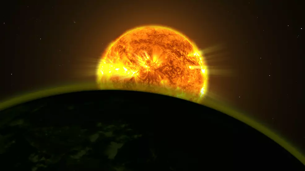 Esta ilustración mostra a luz dunha estrela que ilumina a atmosfera dun planeta.