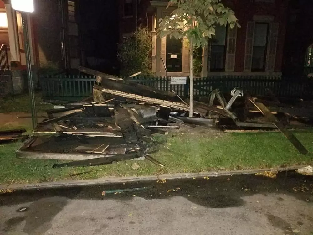 Remains of porch destroyed by fire