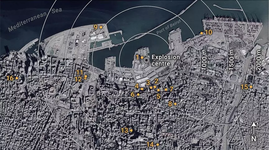 Bản đồ của Beirut trước vụ nổ hiển thị vị trí của các video được phân tích trong nghiên cứu mới