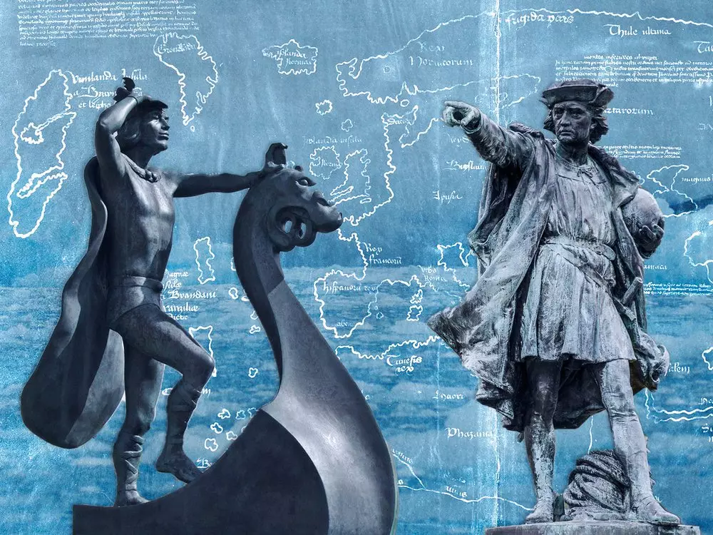 Ilustrasi patung Leif Eriksson dan Christopher Columbus dengan Peta Vinland di latar belakang