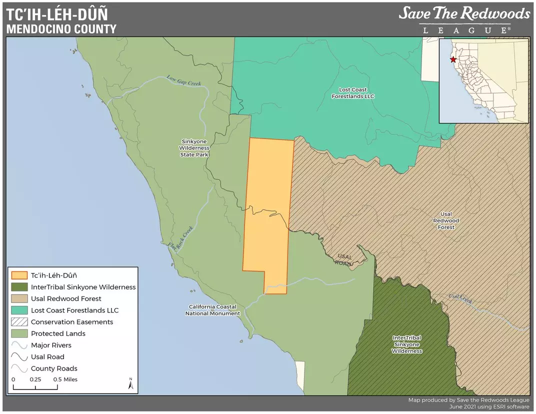 კალიფორნიის რუკა, სადაც ნაჩვენებია Tc’ih-Léh-Düñ-ის მდებარეობა
