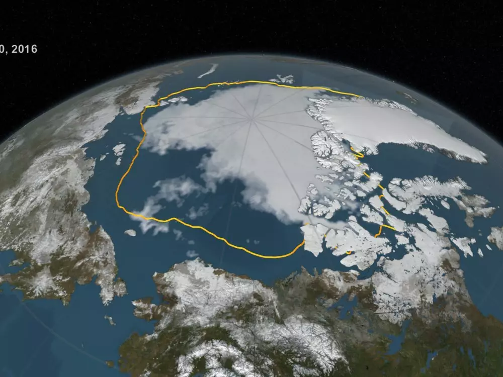 Het zomerminimum van het Arctische zee-ijs van 2016, bereikt op 10 september, ligt 911.000 vierkante mijl onder het gemiddelde minimale zee-ijs van 1981-2010, hier weergegeven als een gouden lijn (NASA Goddard's Scientific Visualization Studio/C. Starr).
