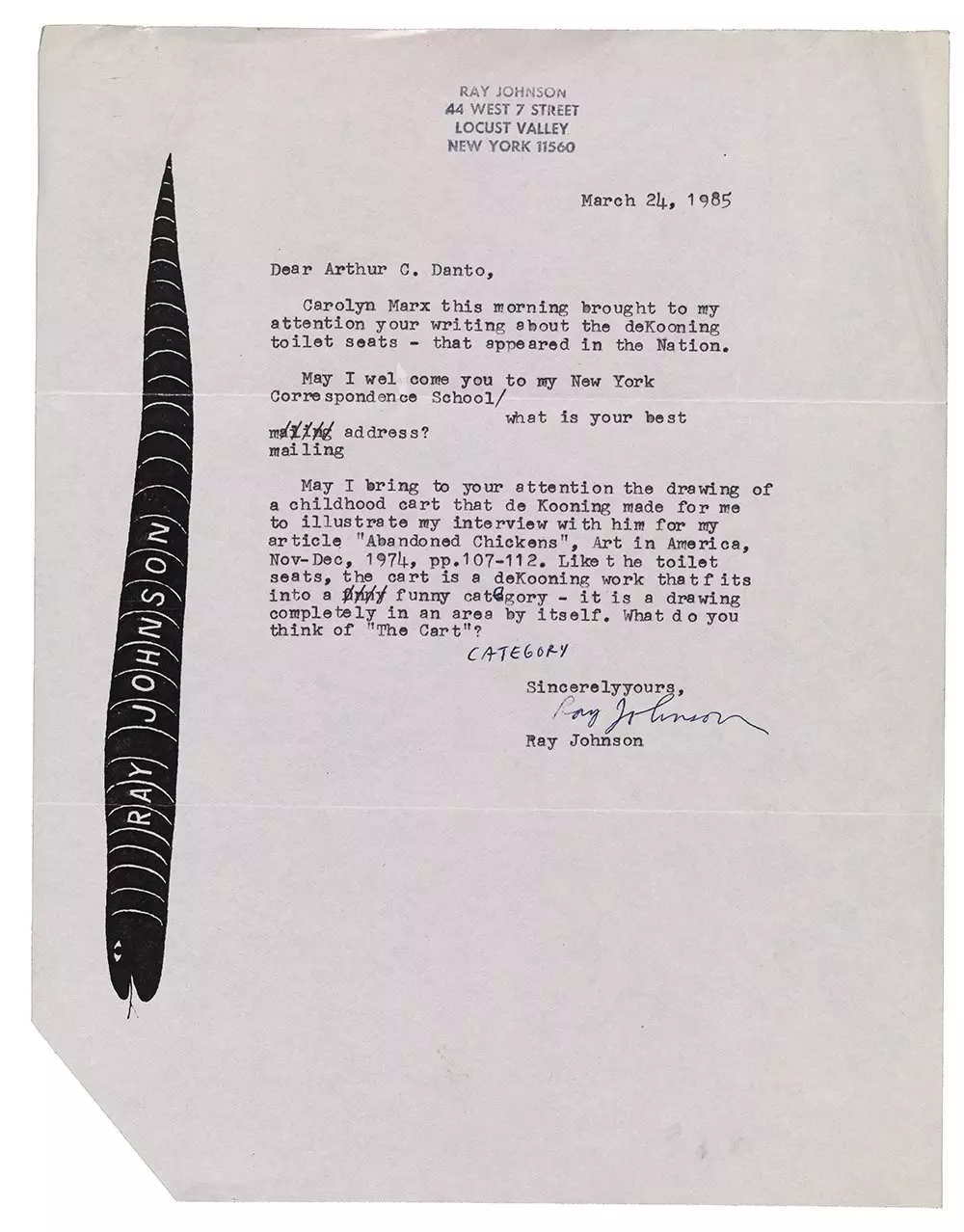 Dopis zaslaný Arthuru C. Dantovi Rayem Johnsonem