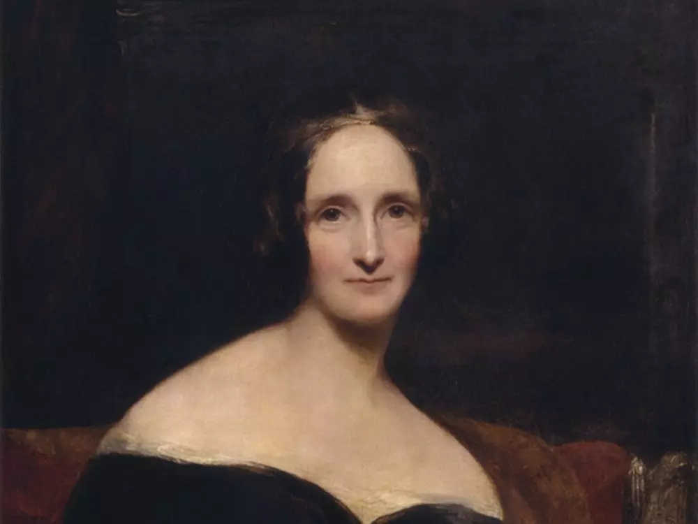 Mērijas Šellijas, bālas sievietes portrets tumšā kleitā tumši sarkanā un brūnā fona priekšā