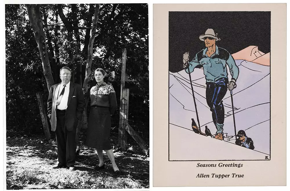 Yvor Wintor 和 Janet Lewis 的照片在 Allen Tupper True 節日賀卡旁邊