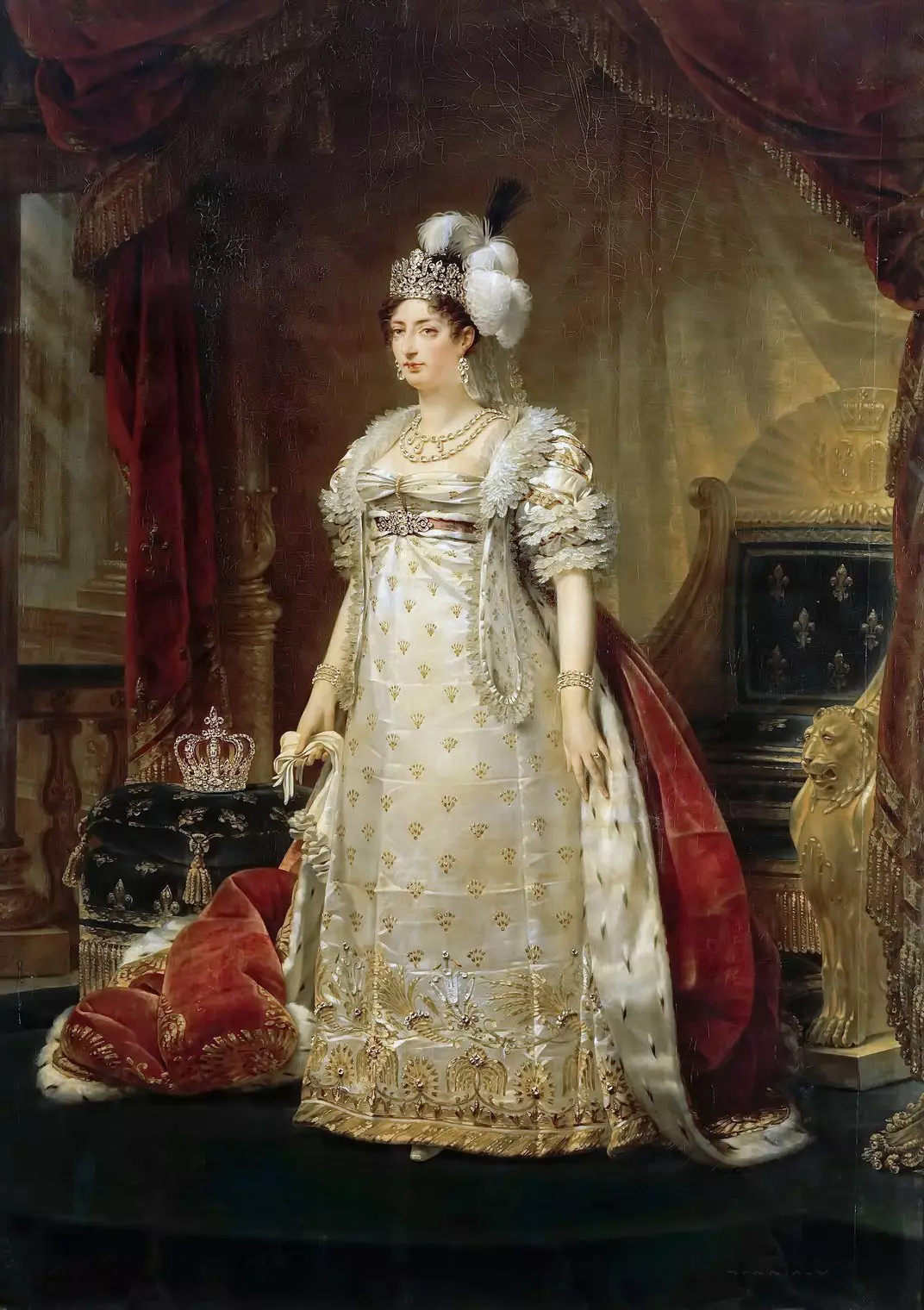 女王の娘、マリーテレーズシャーロットデフランスは、アントワーヌジャングロによるこの1816年の肖像画で、母親のダイヤモンドブレスレットのように見えるものを身に着けています。