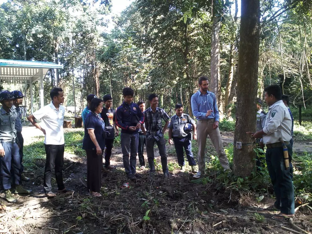 Dr. Grant Connette trains participants on best practices in setting up wildlife cameras to ensure that high-quality data is collected.