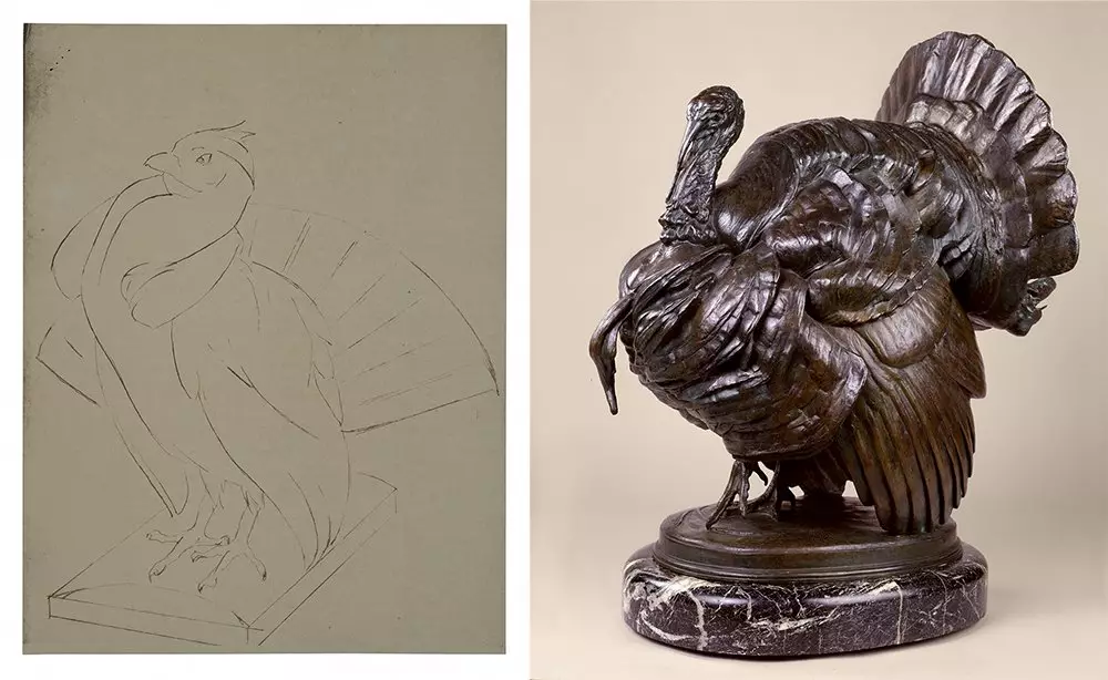 ภาพร่างของ Albert Laessle และรูปปั้นทองสัมฤทธิ์ของไก่งวง