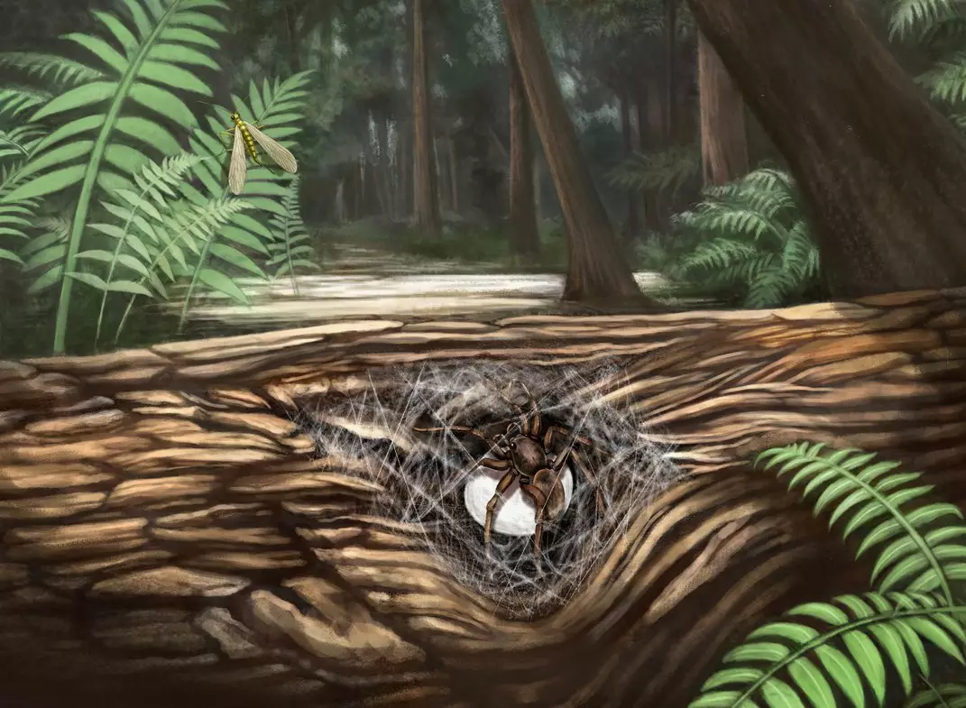 An artist's rendition of a prehistoric mother spider guarding her nest