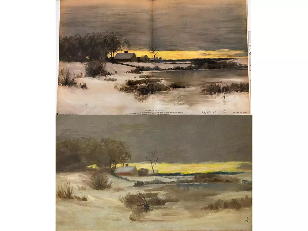 Na vrchu má inštruktážny obrázok v strede záhyb, kde sa zmestí do časopisu; žltý pruh západu slnka, sivé oblaky; a statok; ten istý obraz je prakticky rovnaký, aj keď menej ostro definovaný, na Hopperovej olejomaľbe nižšie