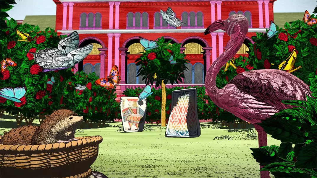 Сцена в градина за крокет, с таралеж в кошница и фламинго на преден план и две карти за игра, изправени на заден план; изобразен в причудлива илюстрирана, подобна на детска анимационна книга