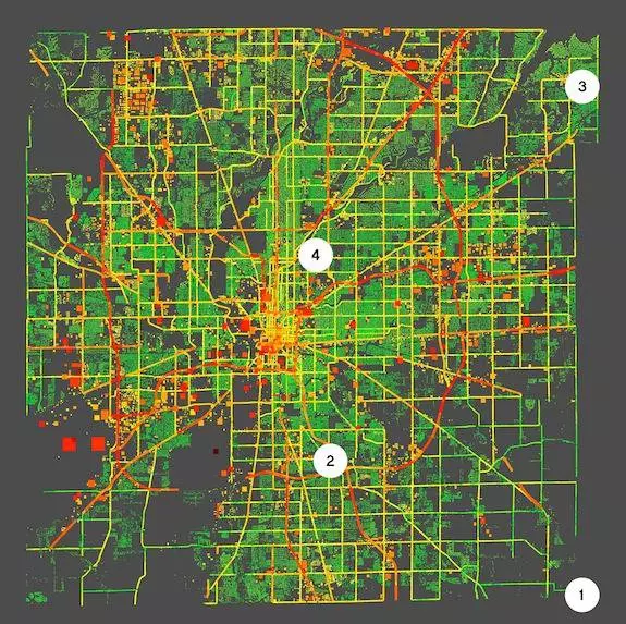 Indianapolisas siltumnīcefekta gāzu emisiju karte, kas savākta no dažādiem avotiem.