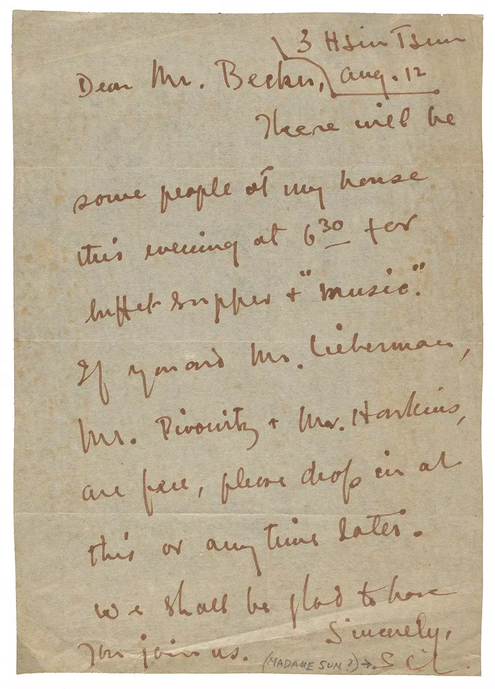 List Fredovi Beckerovi od Madam Sun Yat-sen