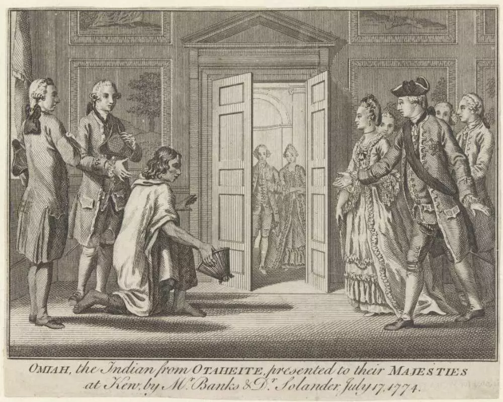 Gravura Mai koja se poklanja Georgeu III i kraljici Charlotte