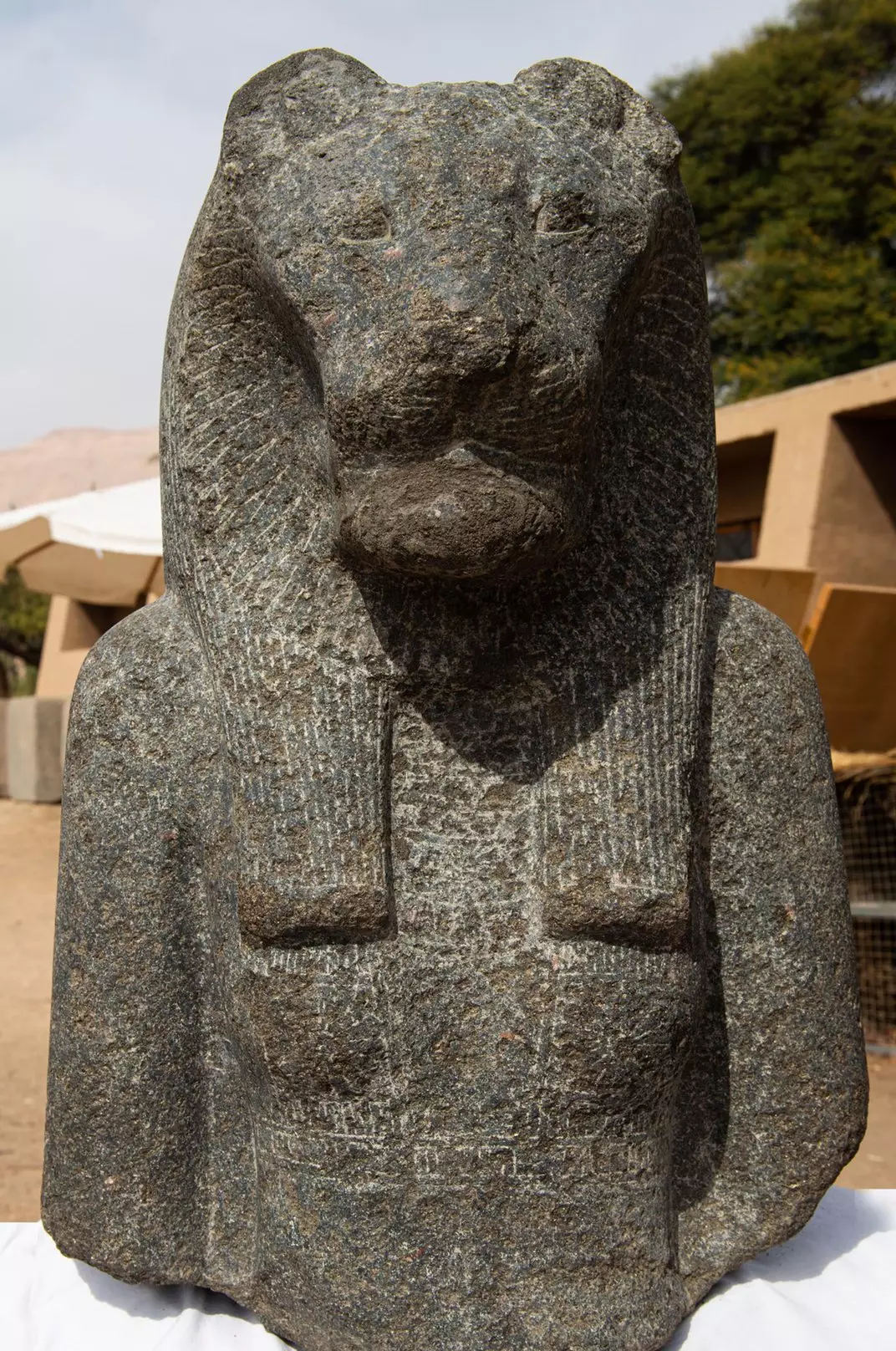 grande testa di uomo in pietra con copricapo egiziano