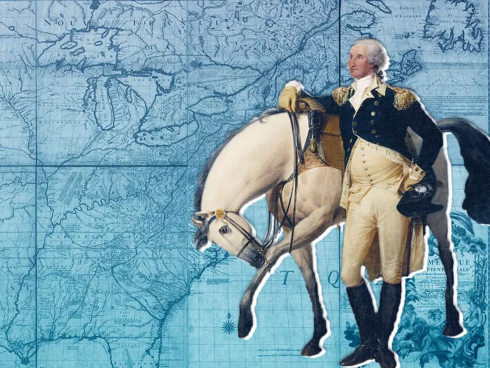 George Washington li kêleka hespekî li ber nexşeyê rawestiyaye