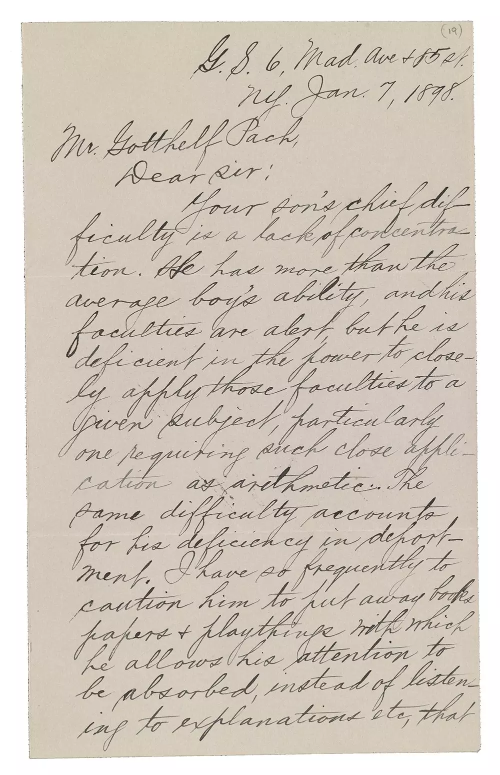 Письмо 1898 года Готхельфу Паху от Магнуса Гросса о прогрессе его сына Уолтера.