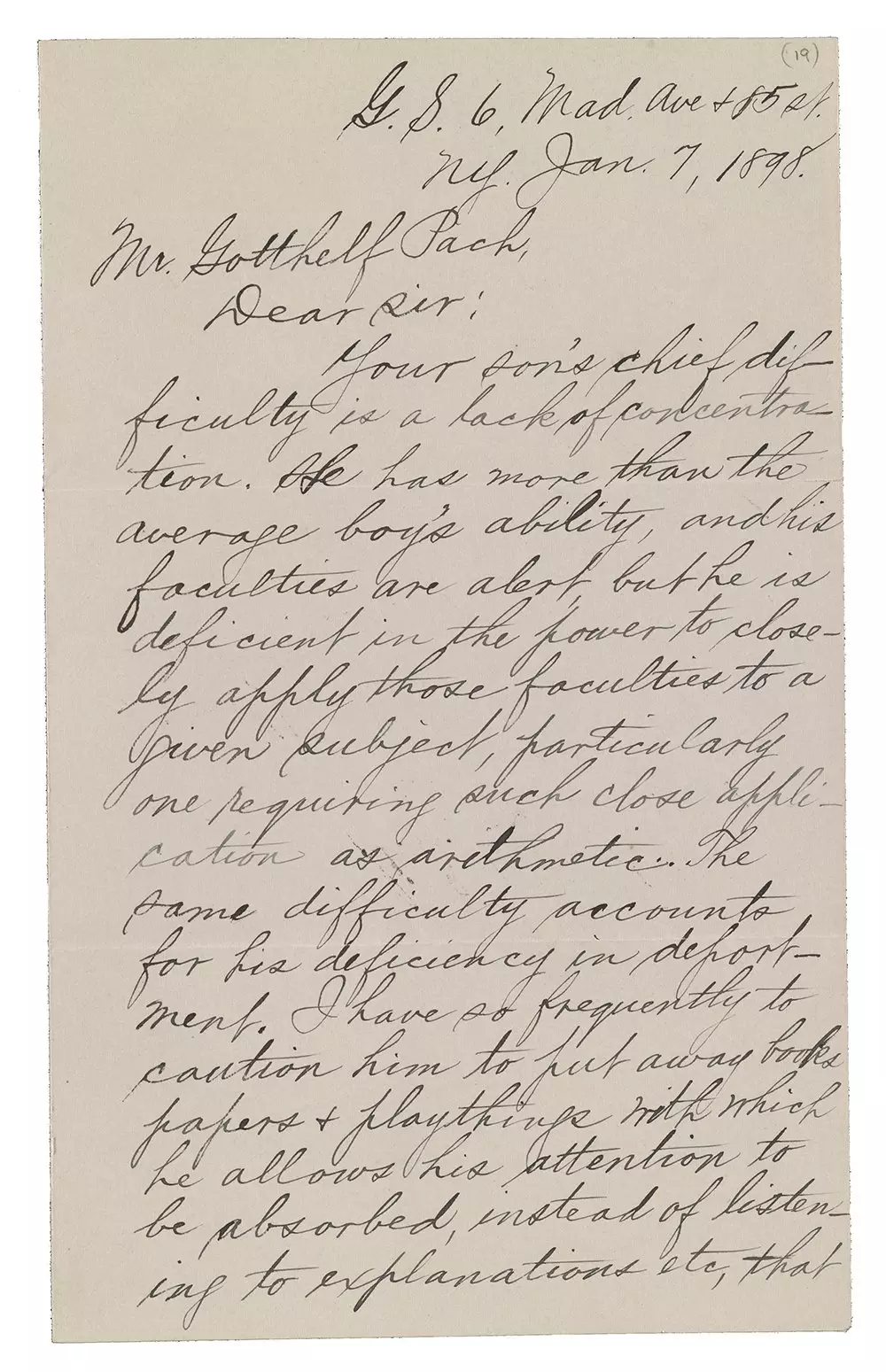 Carta de 1898 a Gotthelf Pach de Magnus Gross sobre el progrés del seu fill, Walter.