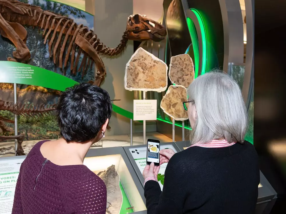 Oṣiṣẹ ile ọnọ, Laura Donnelly-Smith ati Sally Love, gbiyanju ohun elo apejuwe ohun tuntun ni “Hall of Fossils – Aago Jin.” (Lucia RM Martino, Ile-iṣẹ Smithsonian)