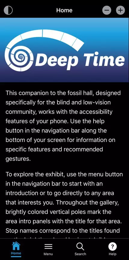 Deep Time Audio Description -sovelluksen etusivulla on mustalla taustalla valkoista tekstiä, joka kuvaa sovelluksen toimintaa ja kuinka sitä käytetään käyttäjille.