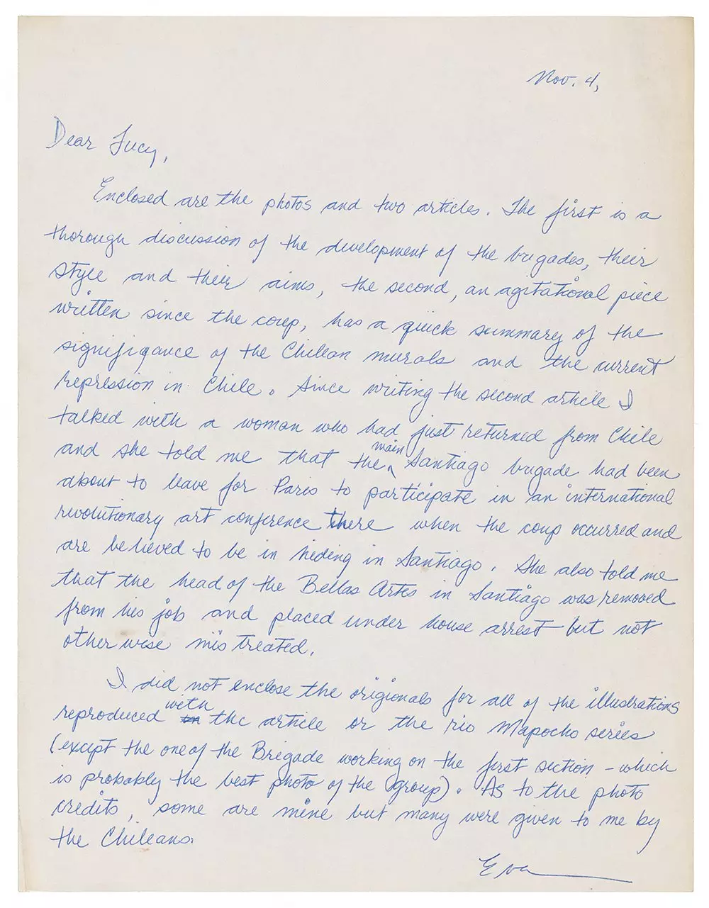 Lettera scritta a Lucy Lippard da Eva Cockcroft, 4 novembre 1973
