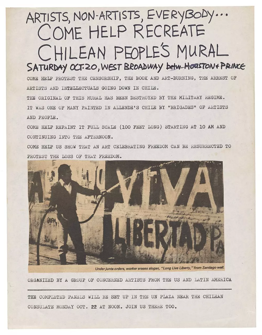 Постер који рекламира прву од два дела уметничке акције у Њујорку протестујући против чилеанског пуча 1973.