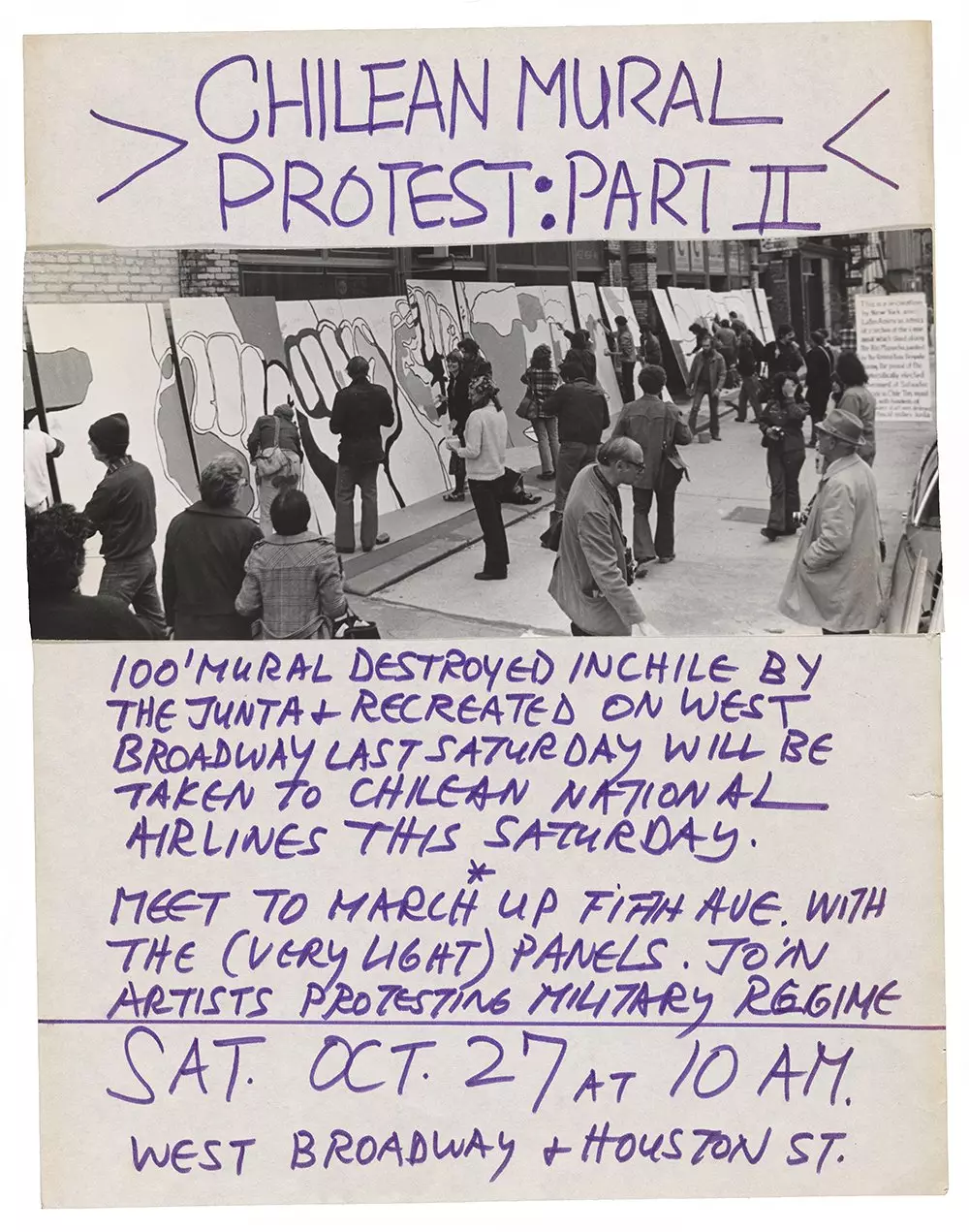 Poster yn hysbysebu'r ail o weithred dwy ran yn Efrog Newydd yn protestio yn erbyn camp Chile ym 1973.