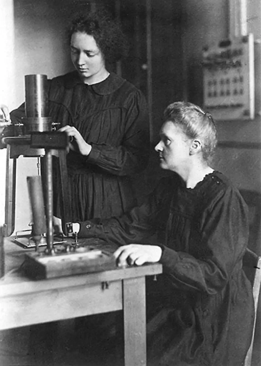 Marie Curie na binti yake Irène katika maabara baada ya WWI