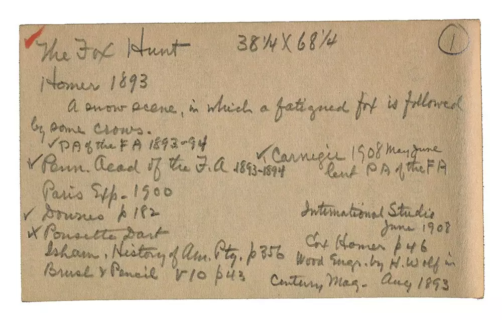 Notecard من بحث آرثر ماكين حول The Fox Hunt بواسطة Winslow Homer