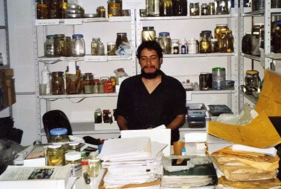 Дејвид де Сантана опкружен со тегли со зачувани риби во лабораторија во Националниот институт за Пескисас да Амазонија.