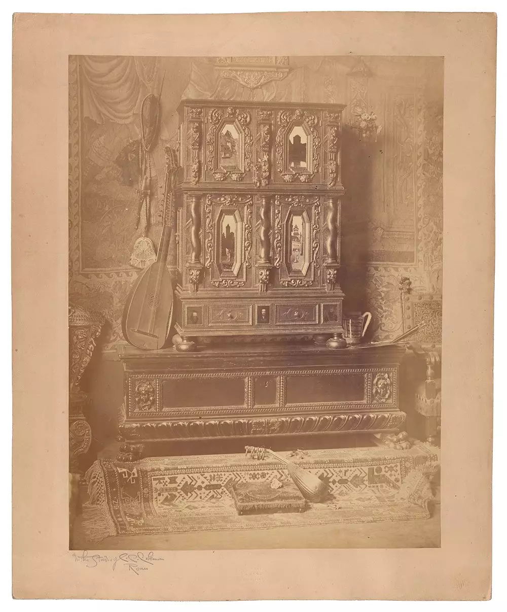 Photograph of Nuremburg Cabinet with insets painted by Charles Caryl Coleman