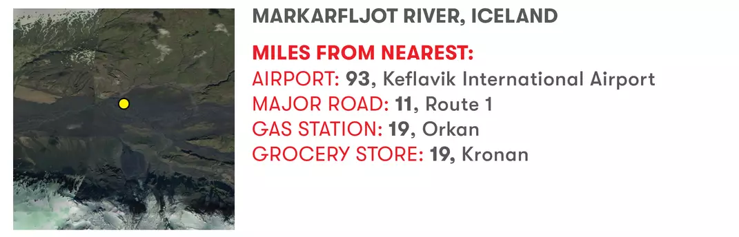 Río Markarfljot, Islandia. Millas desde el más cercano: Aeropuerto: 93, Aeropuerto Internacional de Keflavik. Carretera principal: 11, Ruta 1. Gasolinera: 19, Orkan. Supermercado: 19, Kronan