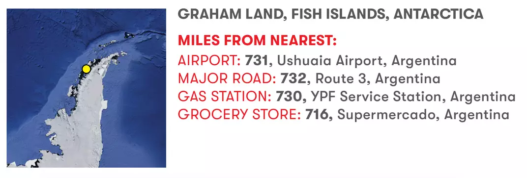 グラハム湖、魚の島、南極。最寄りの空港からのマイル数：731ウシュアイア空港、アルゼンチン。主要道路：732、ルート3、アルゼンチン。ガソリンスタンド：730、YPFサービスステーション、アルゼンチン。食料品店：716、スーパーメルカド、アルゼンチン