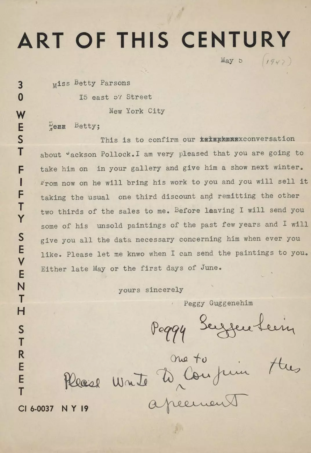 Lettera di Peggy Guggenheim a Betty Parsons