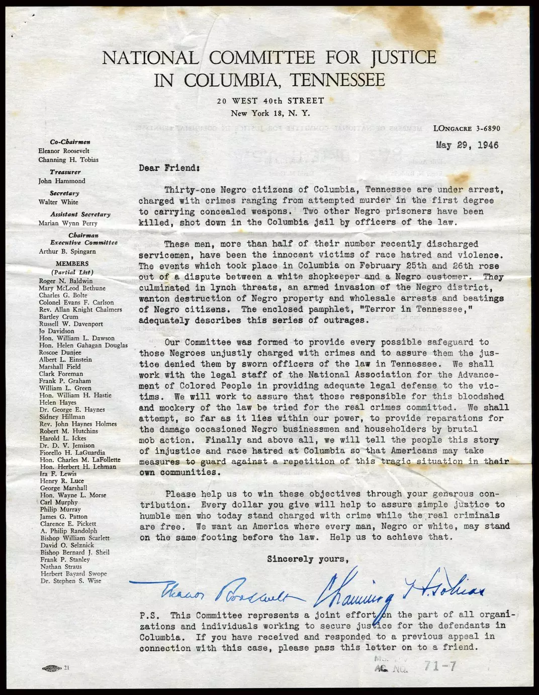 Brev underskrevet af Eleanor Roosevelt fra National Committee for Justice i Columbia
