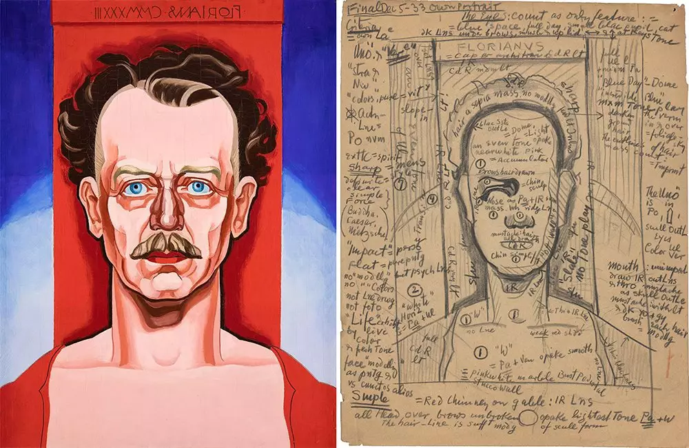 Portrait d'un homme en chemise rouge sur fond rouge, bleu et blanc avec écriture inversée en haut, à côté d'un croquis au crayon de la même image avec de nombreuses notes au crayon.