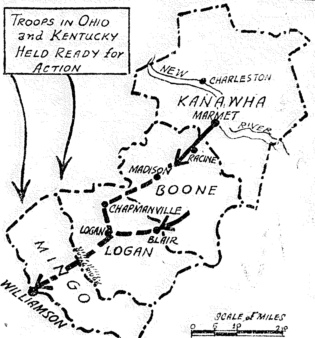 Kaart van de verplaatsing van de vakbondsmijnwerkers van Marmet naar Williamson tijdens de Slag bij Blair Mountain in 1921.