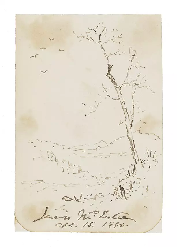 Pequeño boceto en tinta orientado verticalmente de Jerves McEntee con hierba y un árbol cuyas hojas se han caído en primer plano. Se pueden ver montañas en la distancia y cinco pájaros están en el cielo a la izquierda del árbol.