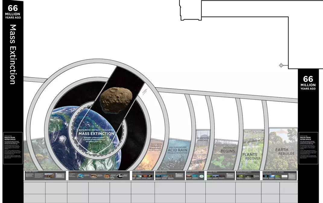 Isang graphic ng Earth sa kaliwa na sinusundan ng ilang ecosystem at isang timeline graphics sa kanan sa isang pader na kumakatawan sa end-Cretaceous mass extinction na makikita sa isang bagong exhibit sa Smithsonian's National Museum of Natural History