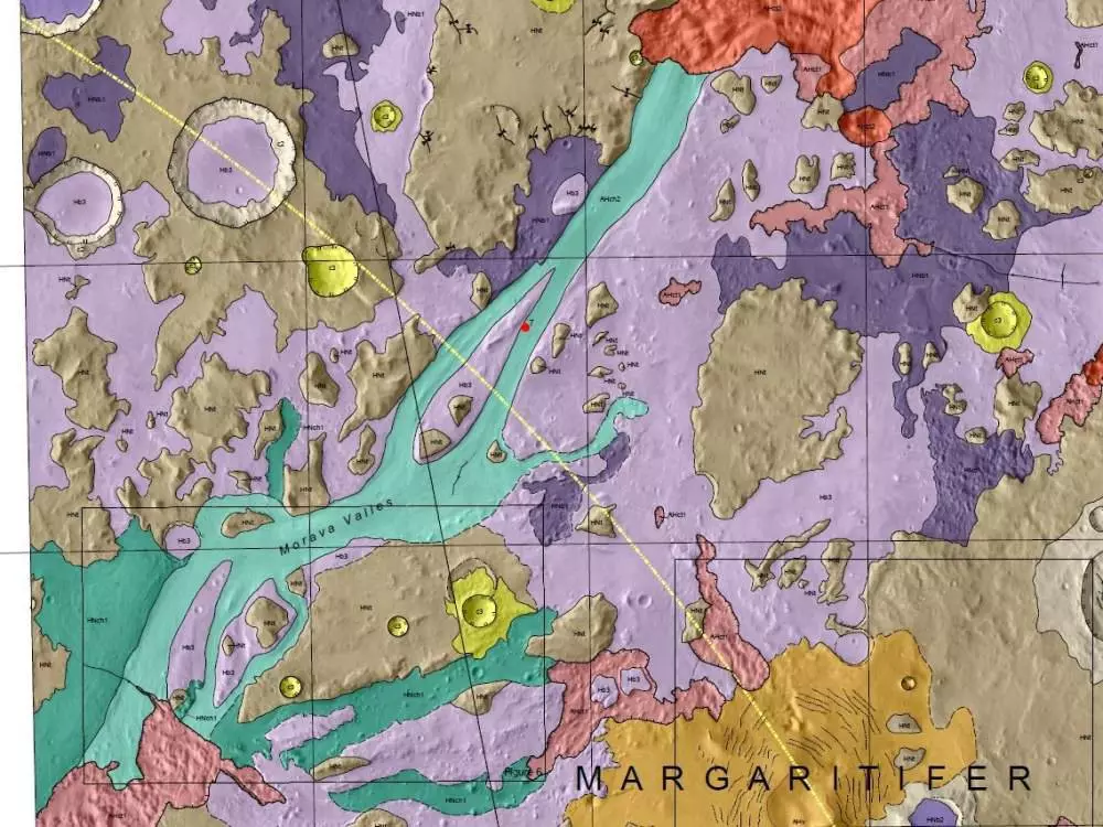 Nízko položená topografická depresia známa ako povodie Margaritifer. (Sharon A. Wilson, John A. Grant a Kevin K. Williams (2020), Geologická mapa Moravy Valles a povodia Margaritifer, Mars, MTM Quadrangles -10022 a -15022, mierka 1:500 000, USGS Scientific Investigations Map, v stlačte.)